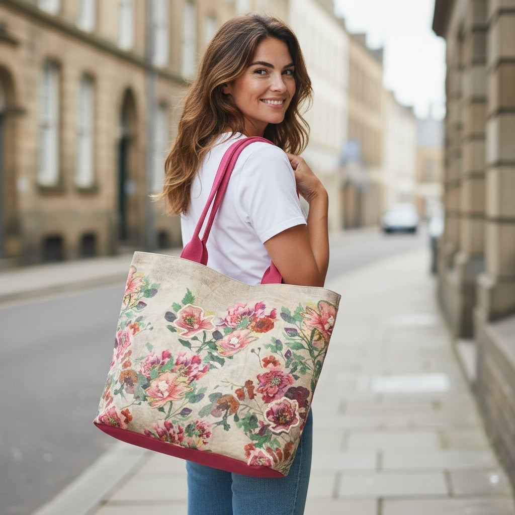 Large Shopping Tote Bag | The Climbing Rose Hand Embroidered Bag - At ...